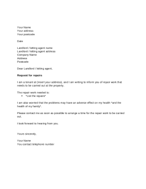 Tenant request for repairs letter template ( ... Doc Template | pdfFiller