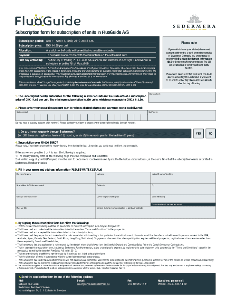 Fillable Online Subscription form for subscription of units in FluoGuide A/S Fax Email Print ...