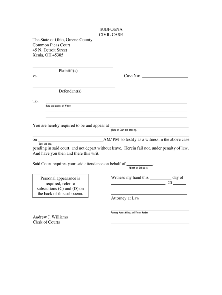 Fillable Online SUBPOENA CIVIL CASE The State of Ohio, Greene County ...