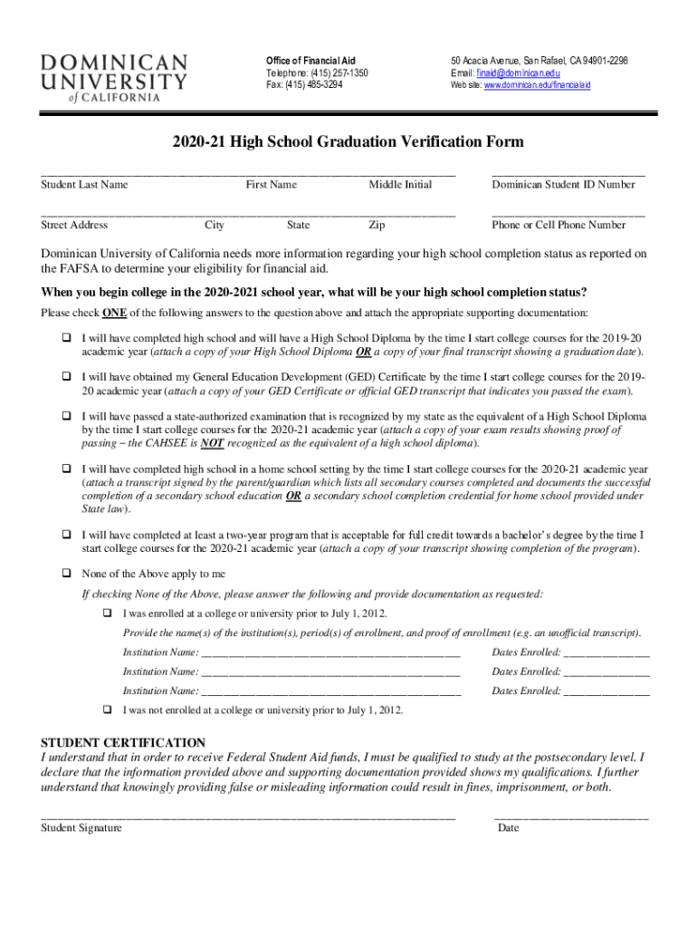 Fillable Online 2020-21 High School Graduation Verification Form Fax ...