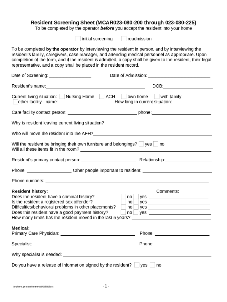 Resident Screening Sheet (MCAR023-080-200 through 023-080-225) Doc ...