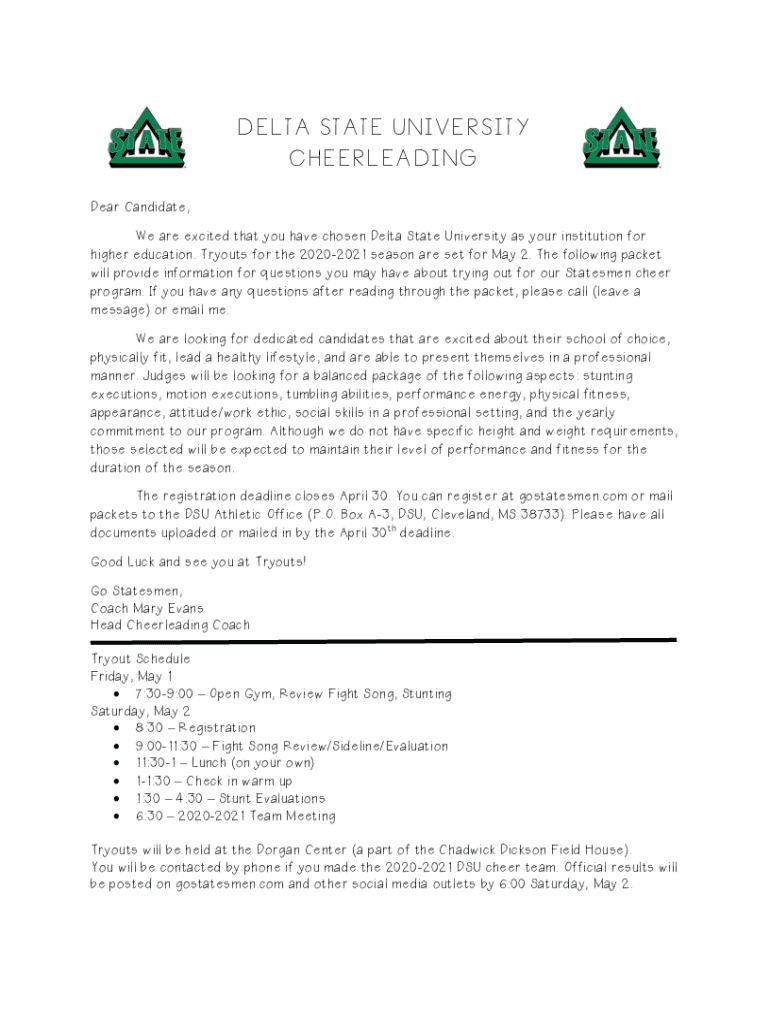 Fillable Online DELTA STATE UNIVERSITY CHEERLEADING Fax Email Print ...