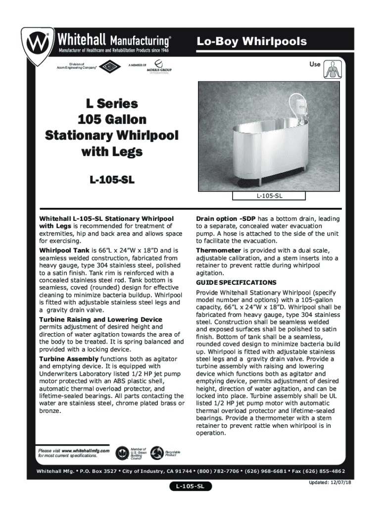 Fillable Online 105 Gallon Lo-Boy WhirlPool with Legs - FREE Shipping ...