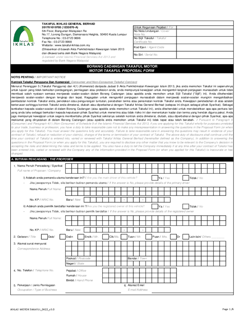 2022-2025 MY Takaful Ikhlas General Berhad Motor Takaful Proposal Form ...