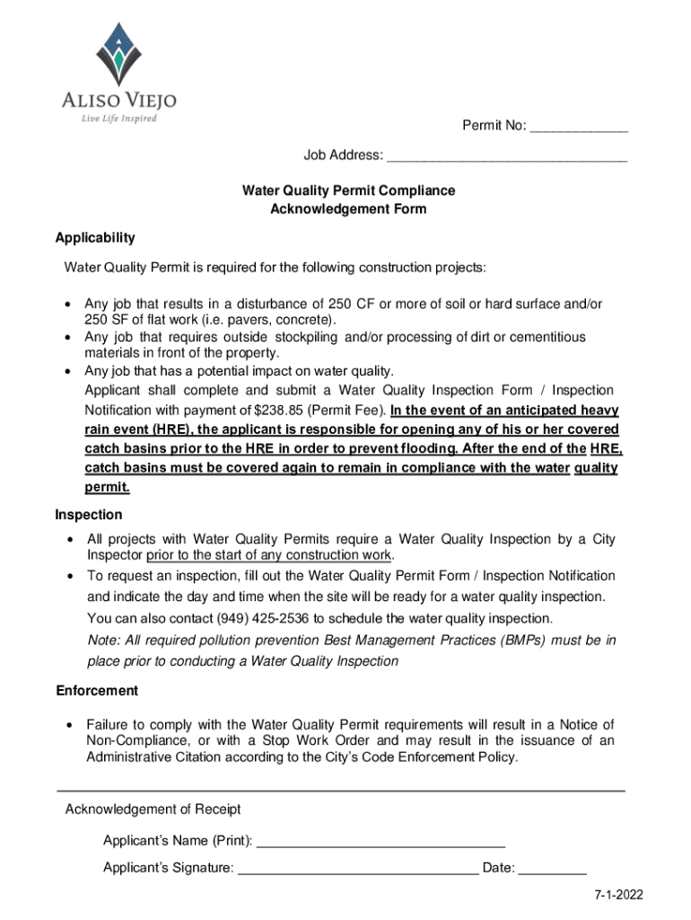 Fillable Online Water Quality Permit Compliance Acknowledgement Form ...