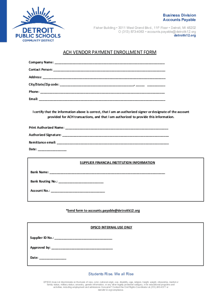 Fillable Online ACH template-DPSCD use this one Fax Email Print - pdfFiller