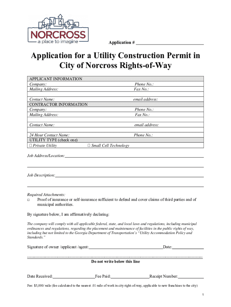 Fillable Online Application for a Utility Construction Permit in City ...