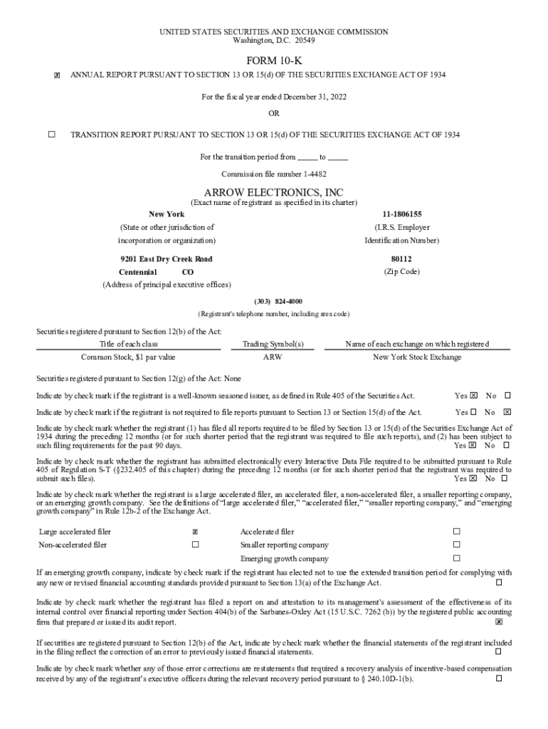 Fillable Online FORM 10-K ARROW ELECTRONICS, INC Fax Email Print - pdfFiller