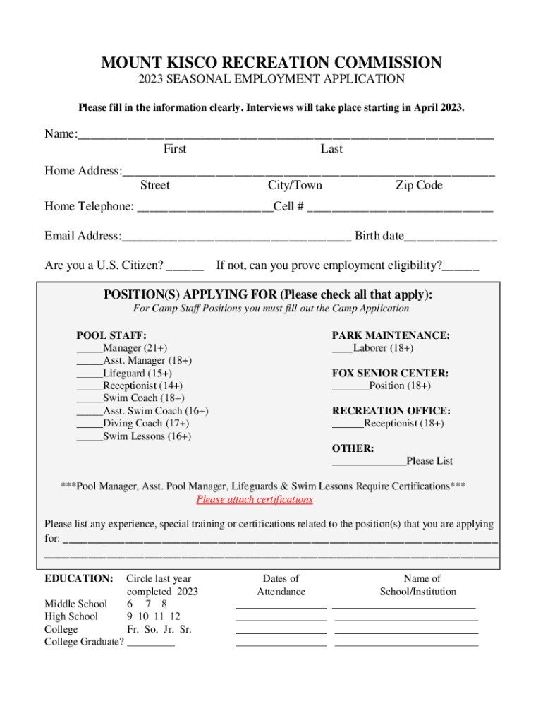 Fillable Online Division of Recreation Summer Job Applications ...