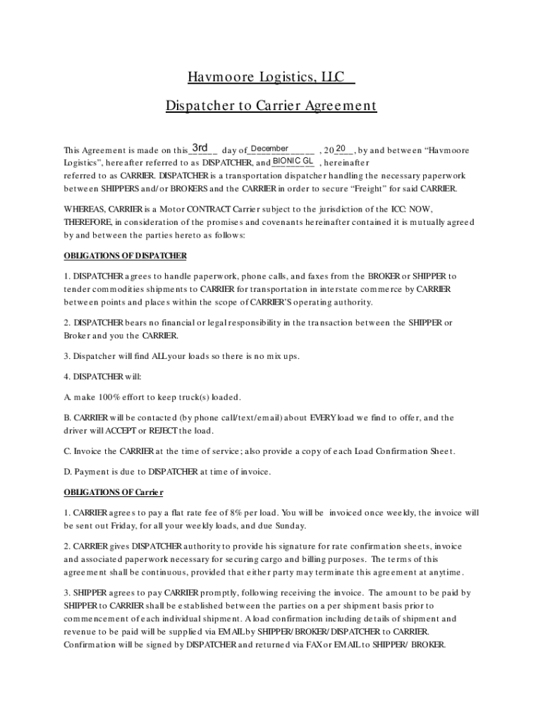 Fillable Online Dispatcher- Carrier Agreement (Fill out and email back ...