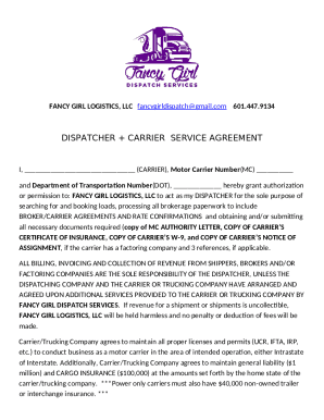 Fillable Online DISPATCHER + CARRIER SERVICE AGREEMENT Fax Email Print ...
