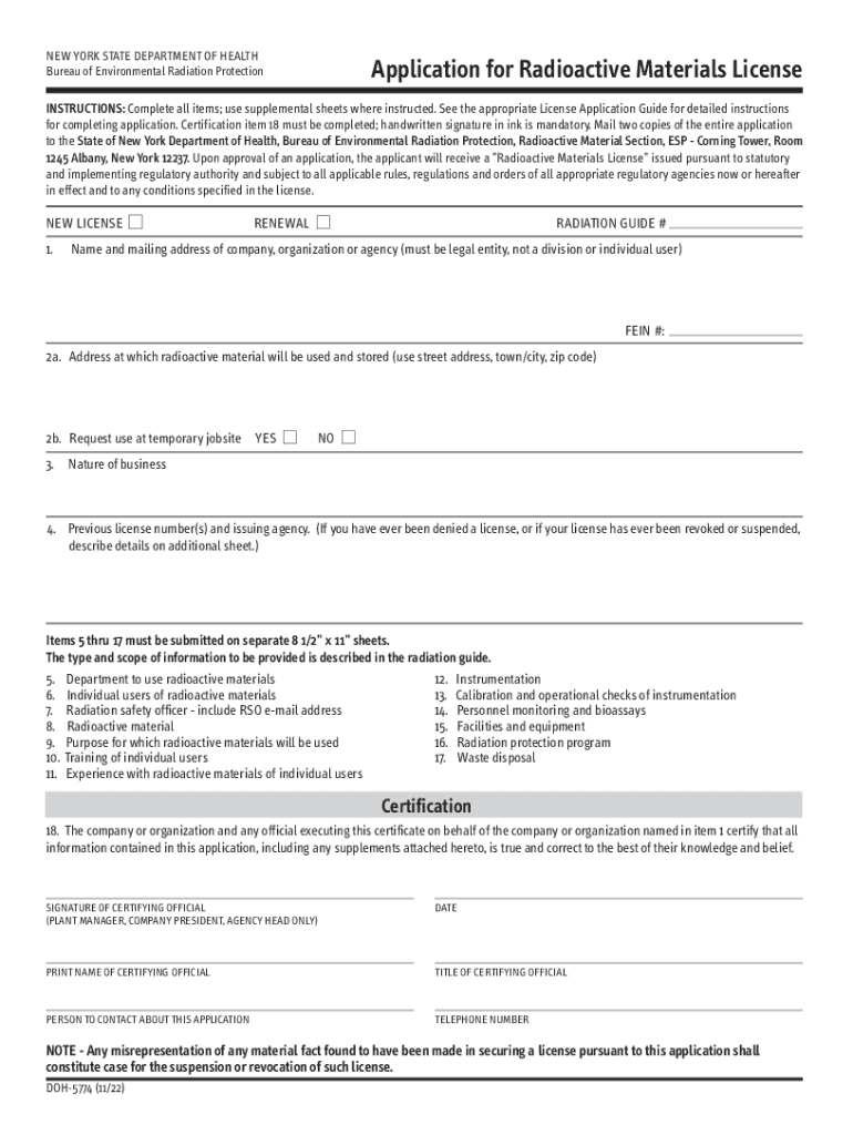 Fillable Online DOH-5774 Application for Radioactive Materials License ...