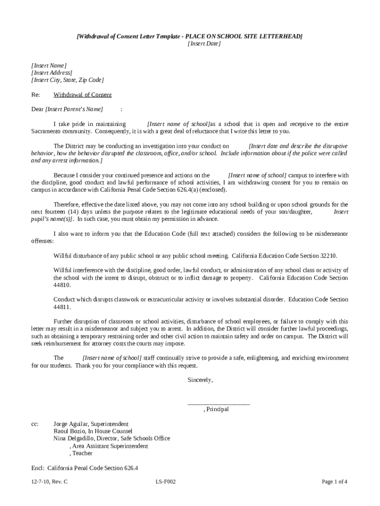 2014 Withdrawal of Consent Letter Doc Template | pdfFiller