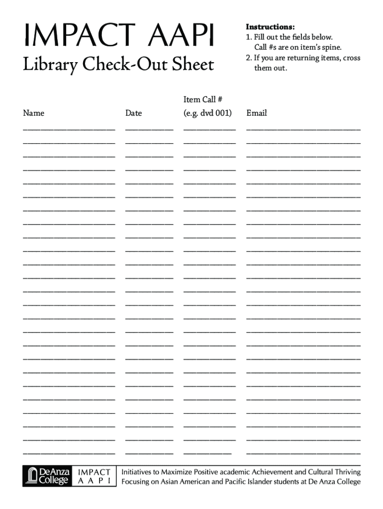 Fillable Online Library Check-Out Sheet Fax Email Print - pdfFiller