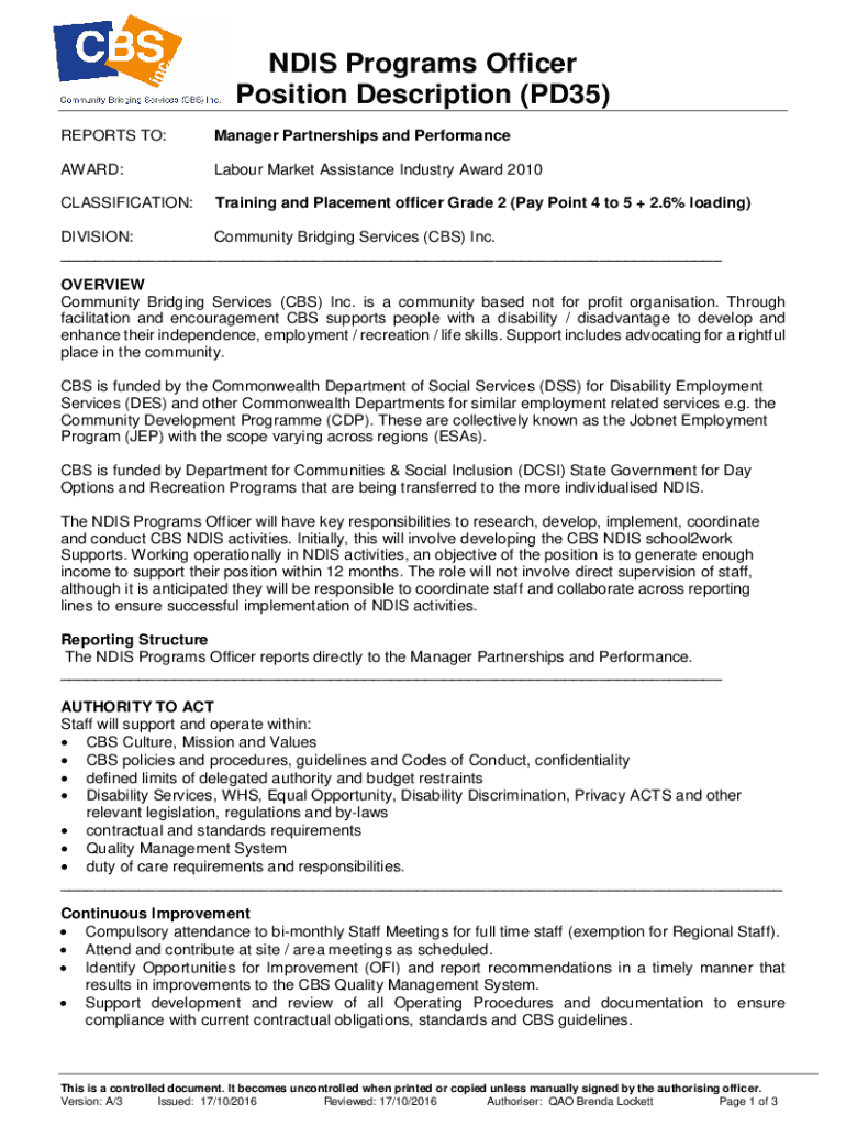 Fillable Online communitybridgingservices org NDIS Programs Officer Position Description (PD35 ...