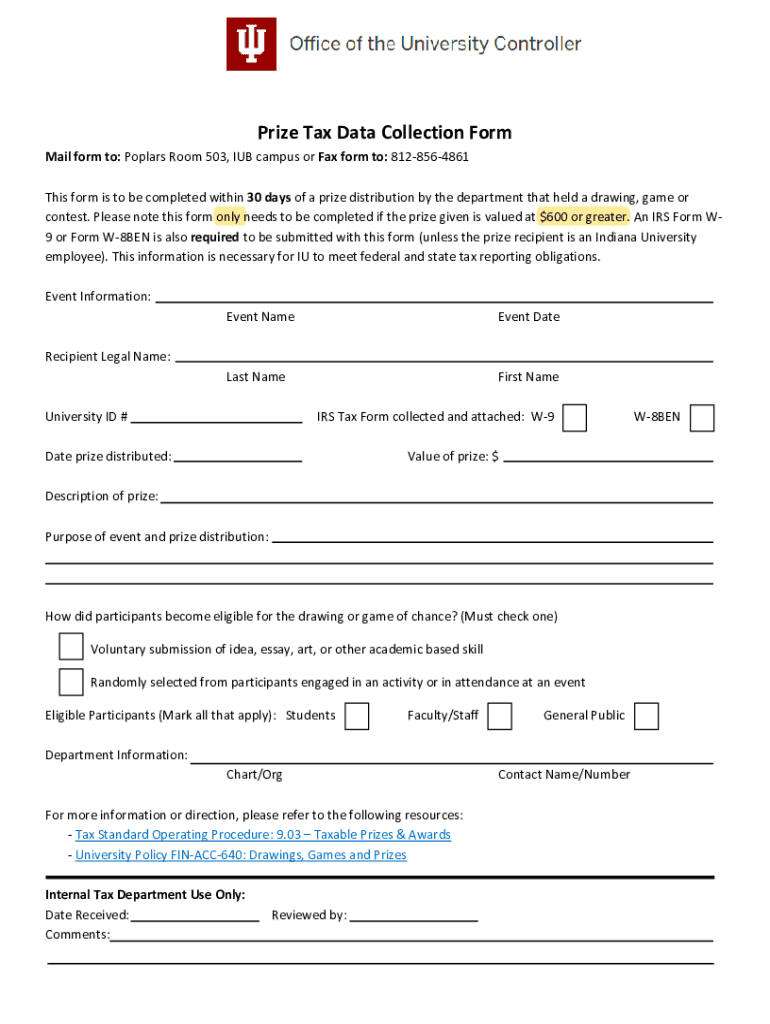 Fillable Online Fillable Online fms iu Prize Tax Data Collection Form ...