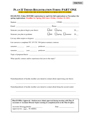 Fillable Online PLAN II THESIS REGISTRATION FORM: PART ONE Fax Email ...