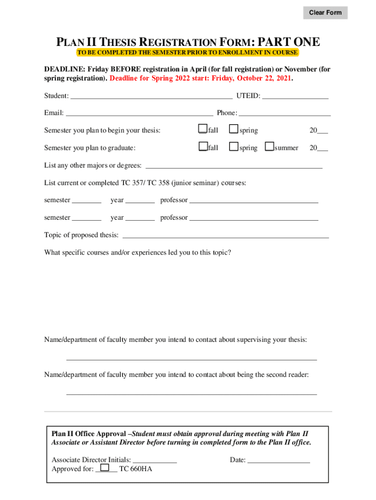 Fillable Online PLAN II THESIS REGISTRATION FORM: PART ONE Fax Email Print - pdfFiller