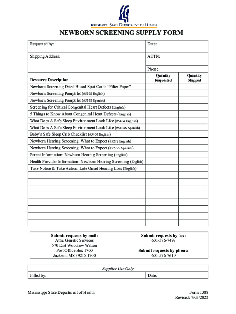 Fillable Online msdh ms Neonatal Blood Spot Collection, Forms ...