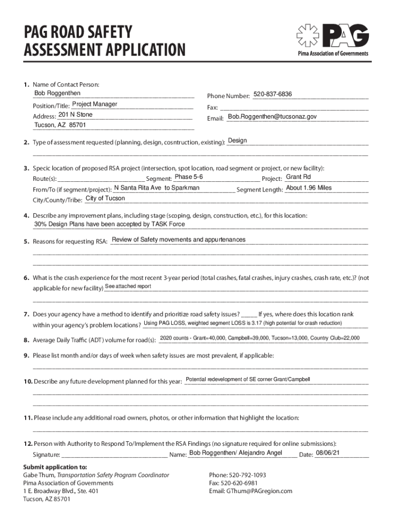 Fillable Online Grant Road Road Safety Assessment Tucson, Arizona Fax ...