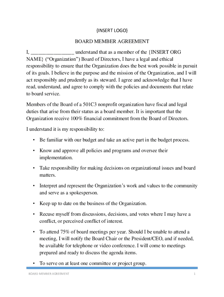 Fillable Online INSERT LOGO BOARD MEMBER AGREEMENT I Fax Email Print - pdfFiller