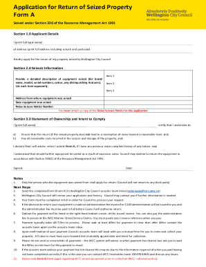 Fillable Online wellington govt Application for Return of Seized ...