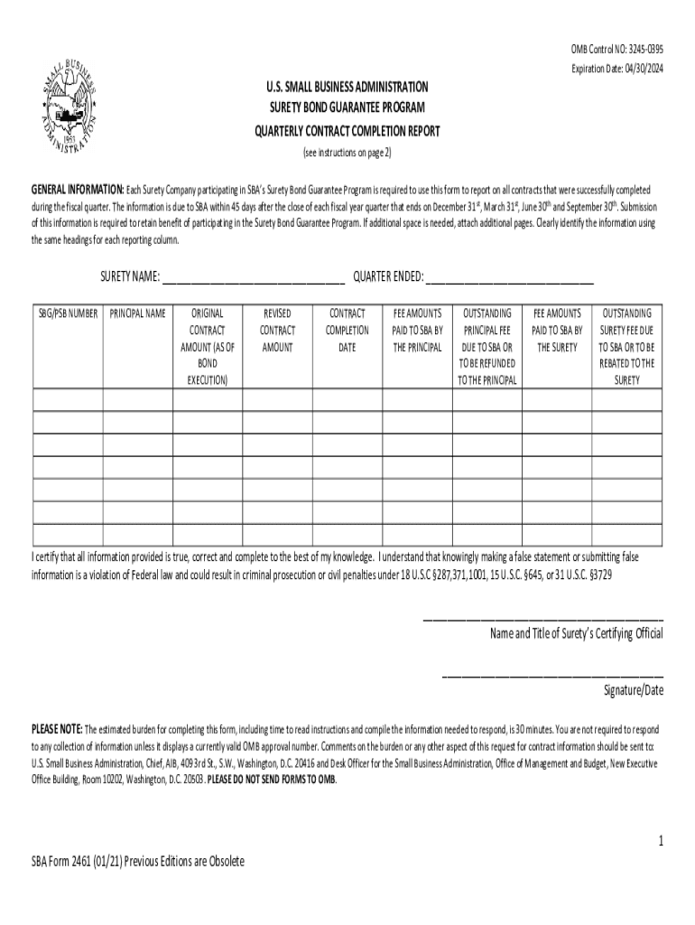 Fillable Online Quarterly Contract Completion Report. Surety Bond ...