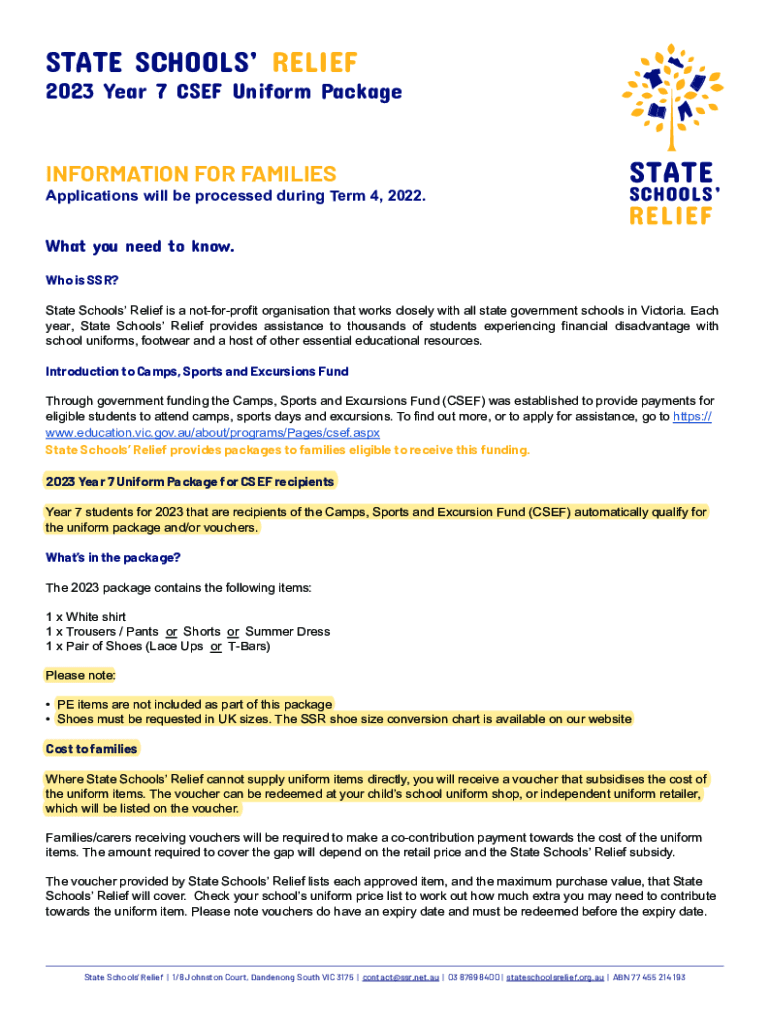 Fillable Online State Schools' Relief - Prep CSEF uniform support Fax ...