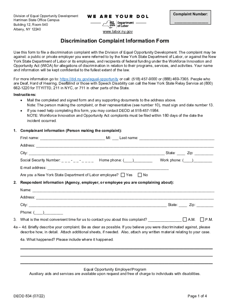 Fillable Online Complaints and Discrimination Complaint Form. Complaints and Discrimination ...