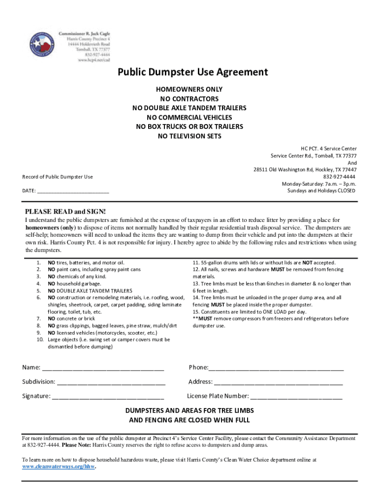 Fillable Online Public Dumpster Use Agreement Fax Email Print - pdfFiller