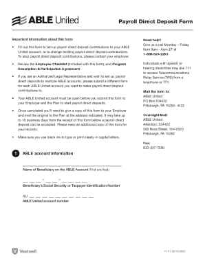 Fillable Online Fill out this form to set up payroll direct deposit contributions to your ABLE ...