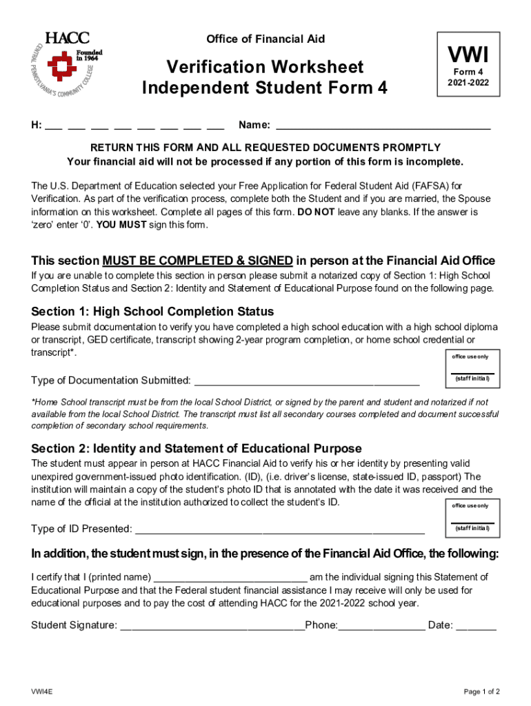 Fillable Online apps hacc Verification Worksheet Independent Student Form 4 Fax Email Print ...