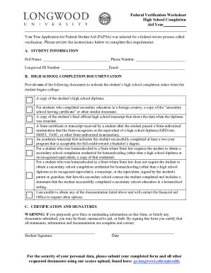 Fillable Online Federal Verification Worksheet High School Completion ...