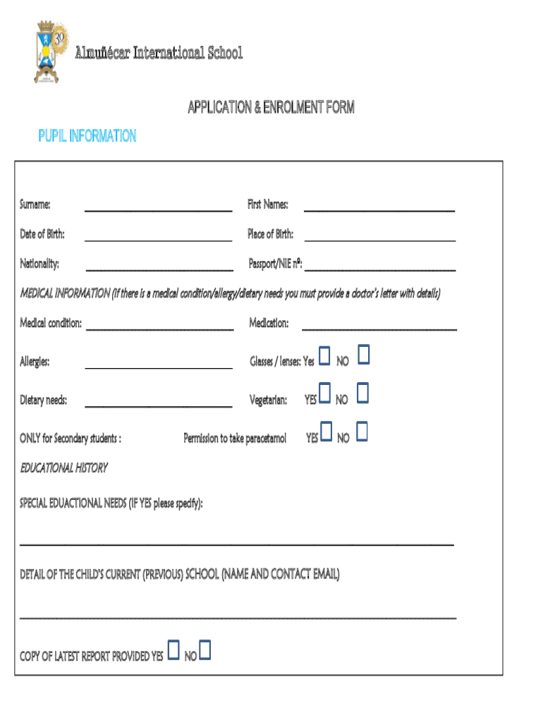 Fillable Online Almucar International School APPLICATION & ENROLMENT ... Fax Email Print - pdfFiller
