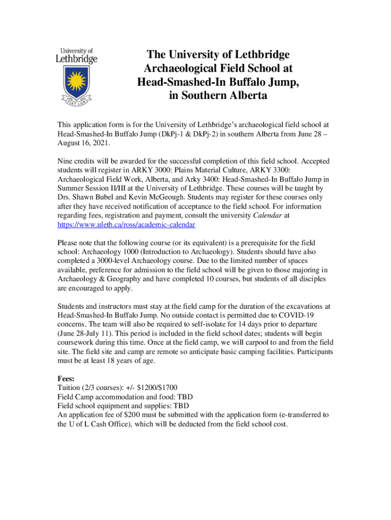 Fillable Online people uleth The University of Lethbridge Archaeological Field School at Head ...