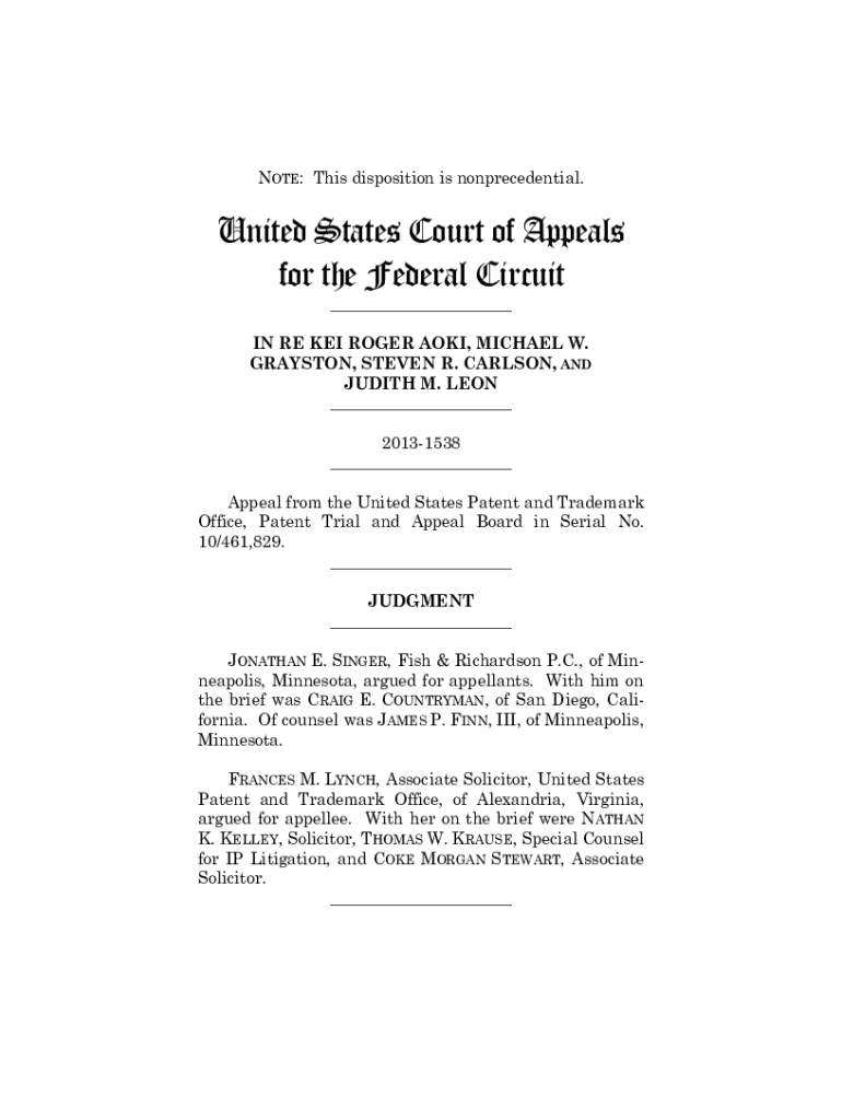 Fillable Online cafc uscourts IN RE KEI ROGER AOKI, MICHAEL W Fax Email ...