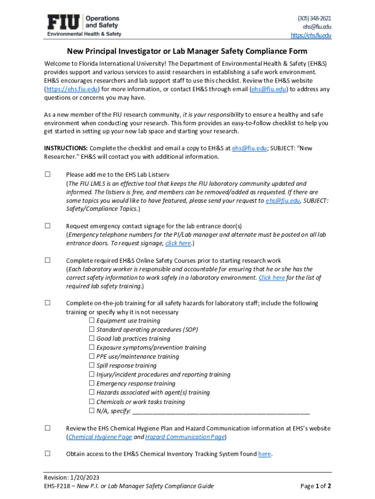 Fillable Online New Principal Investigator or Lab Manager Safety ...
