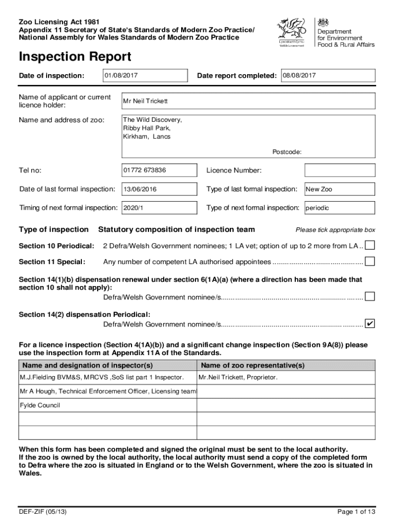 Fillable Online Zoo inspection reports - a Freedom of Information ...