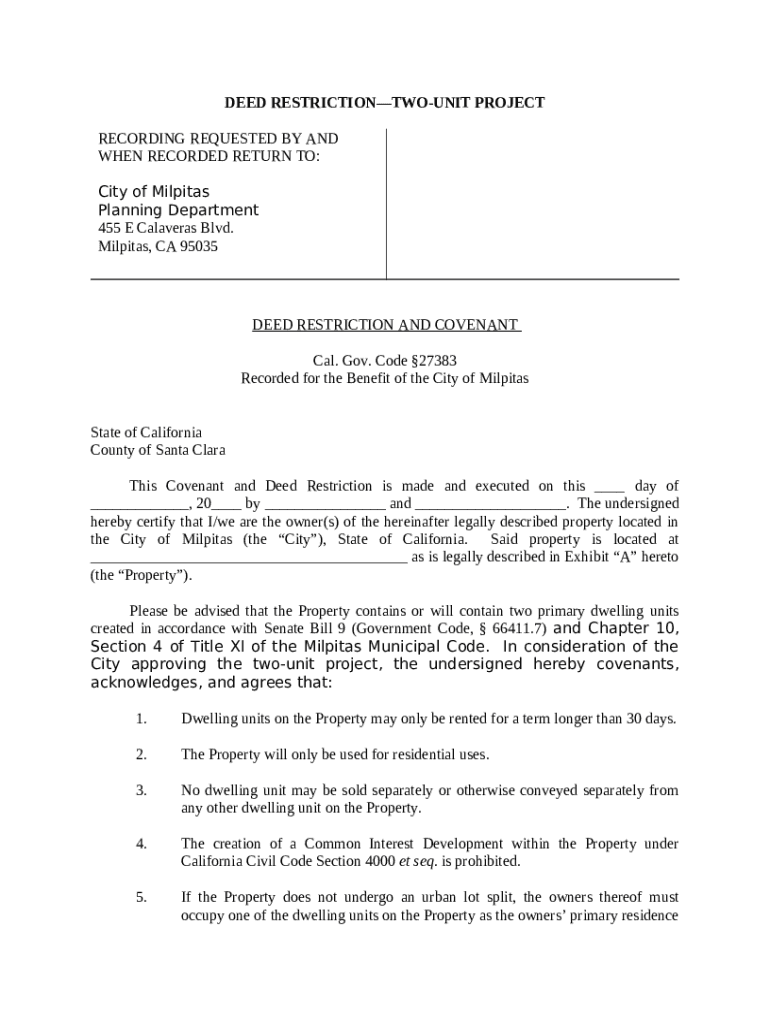Draft Deed restriction for Two-Unit Development Doc Template | pdfFiller