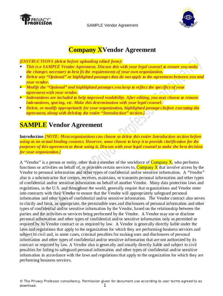 Standard Vendor Agreement: Definition & Sample Doc Template | pdfFiller