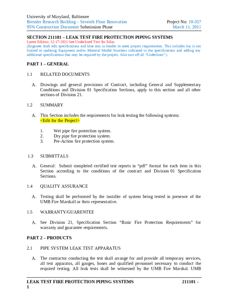 LEAK TEST FIRE PROTECTION PIPING SYSTEMS Doc Template | pdfFiller