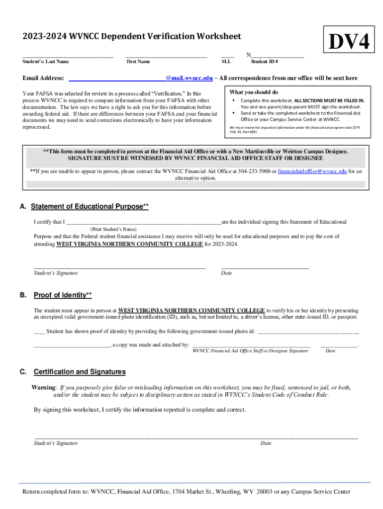 Fillable Online 2023-2024 WVNCC Dependent Verification Worksheet Fax Email Print - pdfFiller