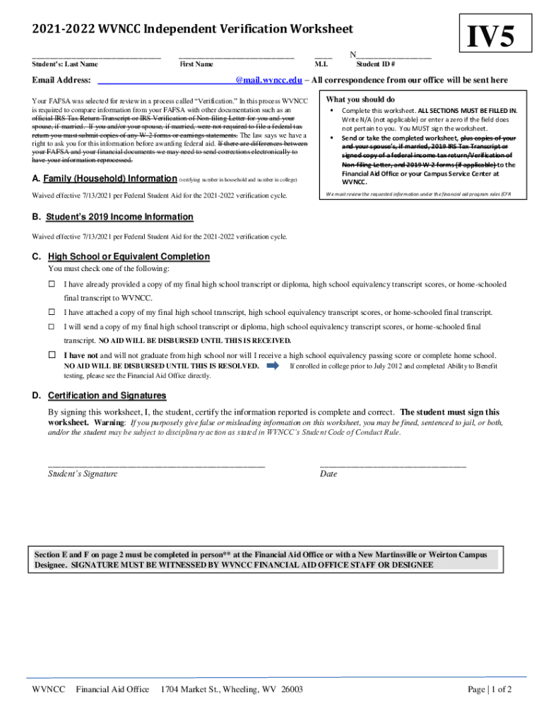 Fillable Online 2021-2022 WVNCC Independent Verification Worksheet Fax Email Print - pdfFiller