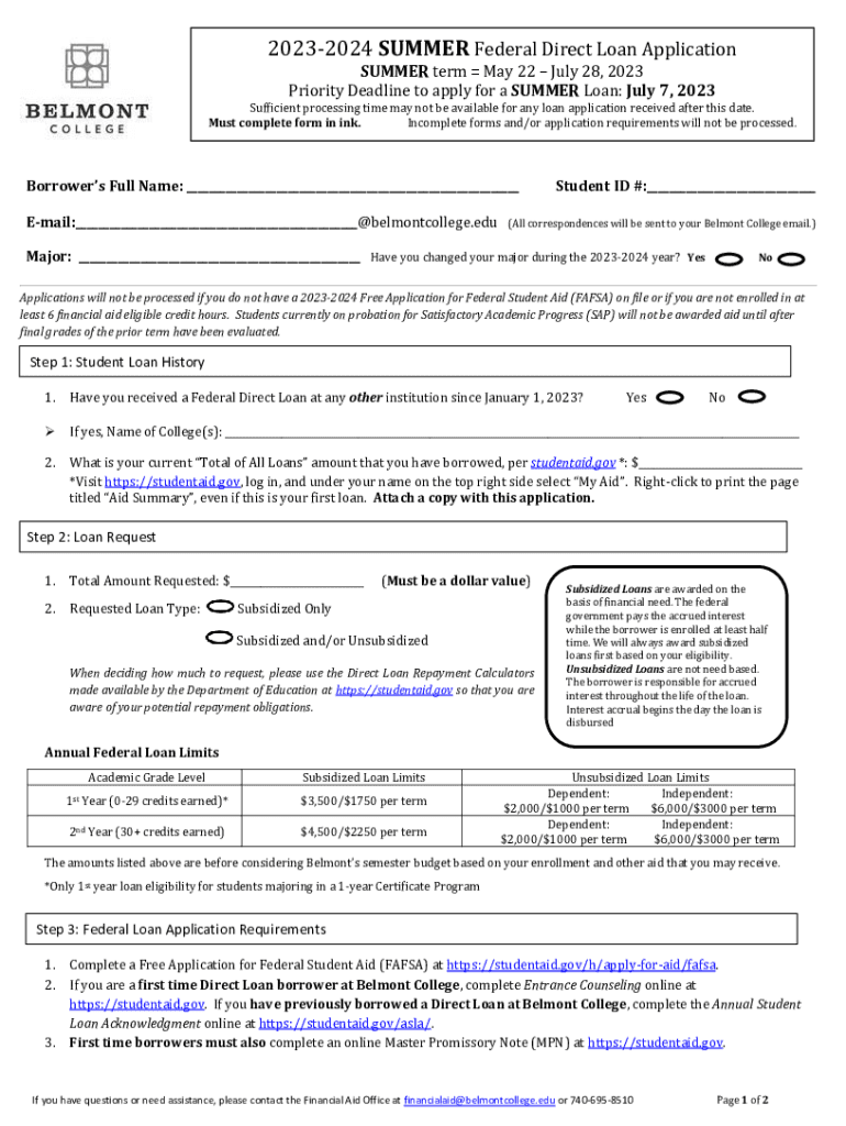 Fillable Online 2023-2024 SUMMER Federal Direct Loan Application Fax Email Print - pdfFiller