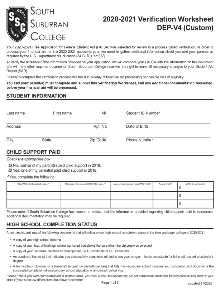 Fillable Online 2020-2021 Verification Worksheet Form IND-V4 (Custom) Fax Email Print - pdfFiller