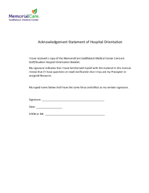 Fillable Online Acknowledgement Statement of Hospital Orientation Fax ...