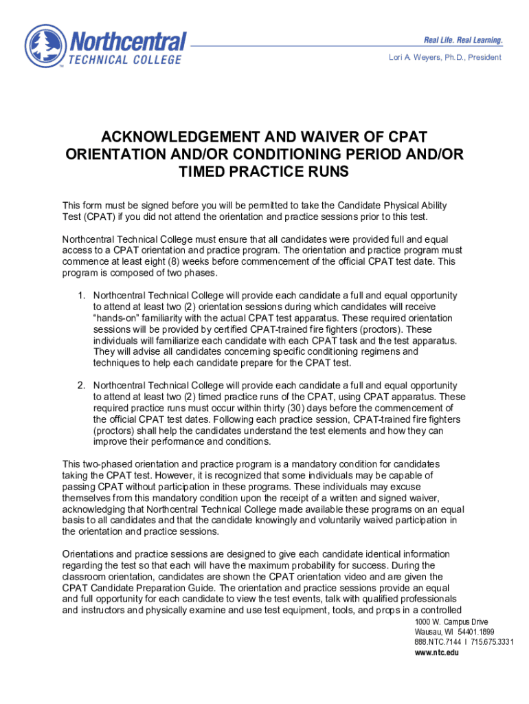Fillable Online ACKNOWLEDGEMENT AND WAIVER OF CPAT ORIENTATION AND OR ...