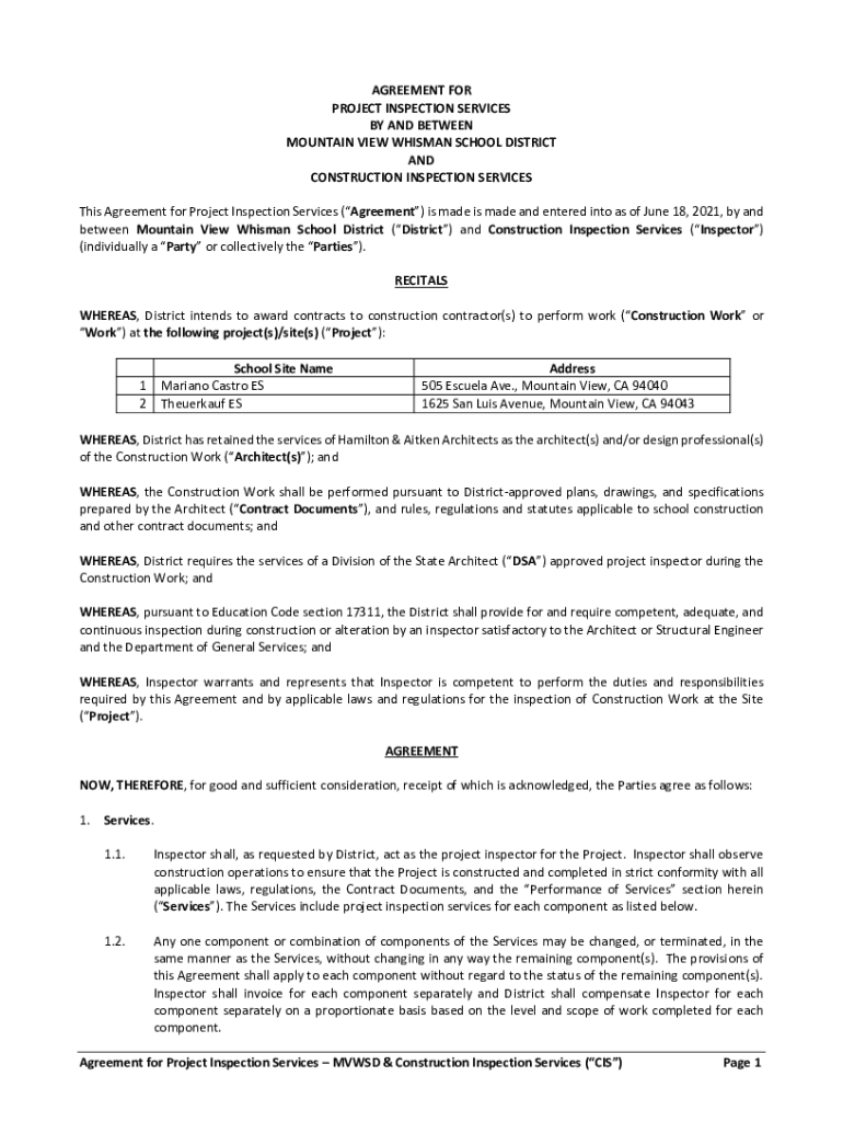 Fillable Online Agreement for Project Inspection Services Fax Email ...