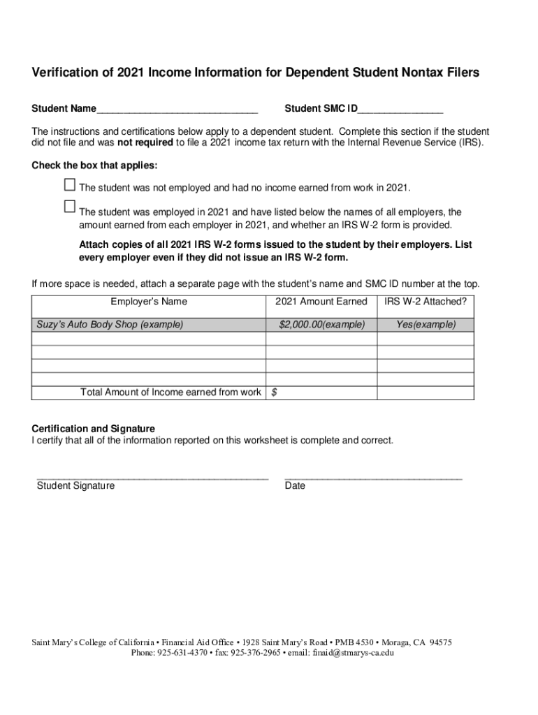 Fillable Online Verification of Income Information for Student Nontax ...