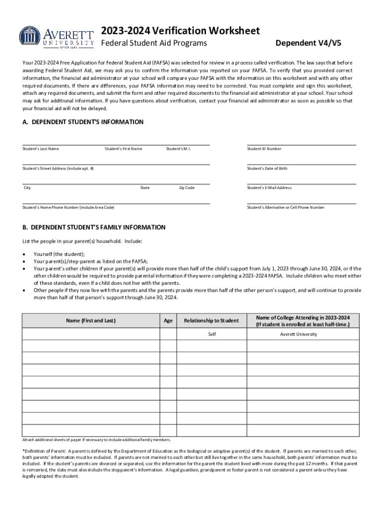 Fillable Online Dependent Verification Worksheet (V5) - 2023-2024 Call 1- ... Fax Email Print ...
